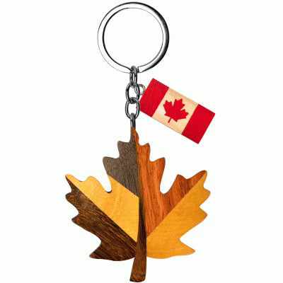 Canadian Wooden Keychain with Maple Leaf Mosaic Design and Canadian Fl ...